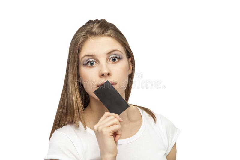 Girl with card stock photo. Image of friendly, background - 40259006