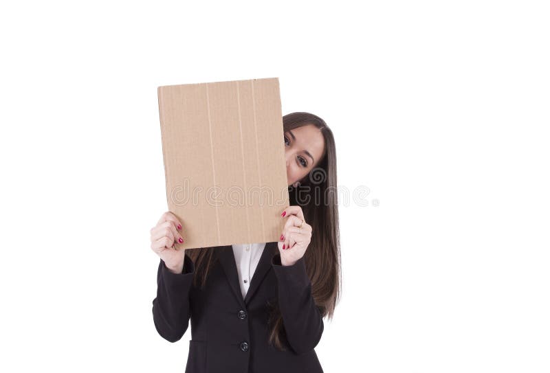 Girl with cardboard stock image. Image of inscription - 53757215