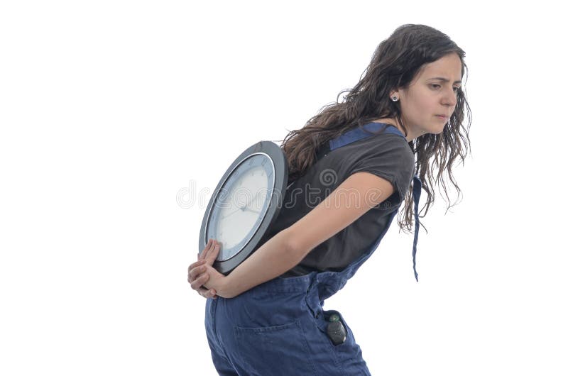 Girl is Carrying a Clock in Her Back. Stock Image - Image of heavy ...