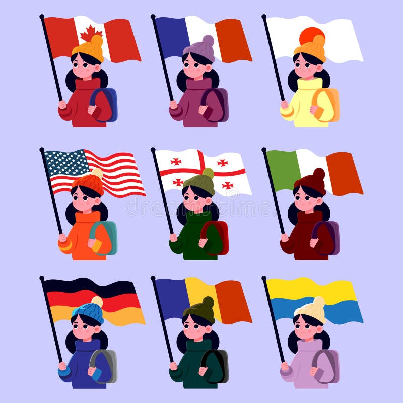 A Girl Carrying Flags from Different Countries in the World Set Flat ...