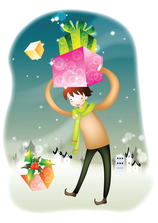 Girl Carrying a Gift Box on Her Head. Vector Illustration Decorative ...