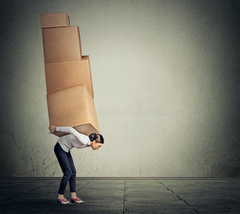 Girl Carrying Several Boxes on Her Back in Equilibrium Stock Image ...