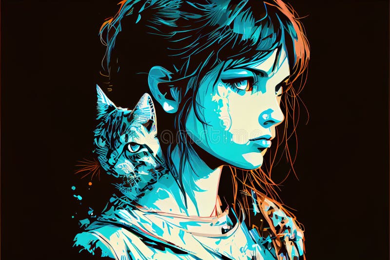 Girl and cat. AI render. stock illustration. Illustration of adorable ...