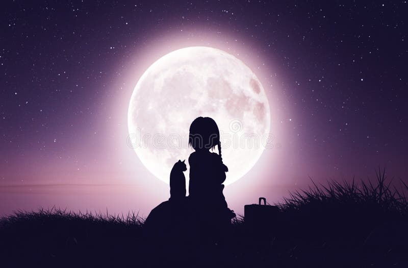 Girl with the Cat on the Cliff Looking To the Moon Stock Illustration ...