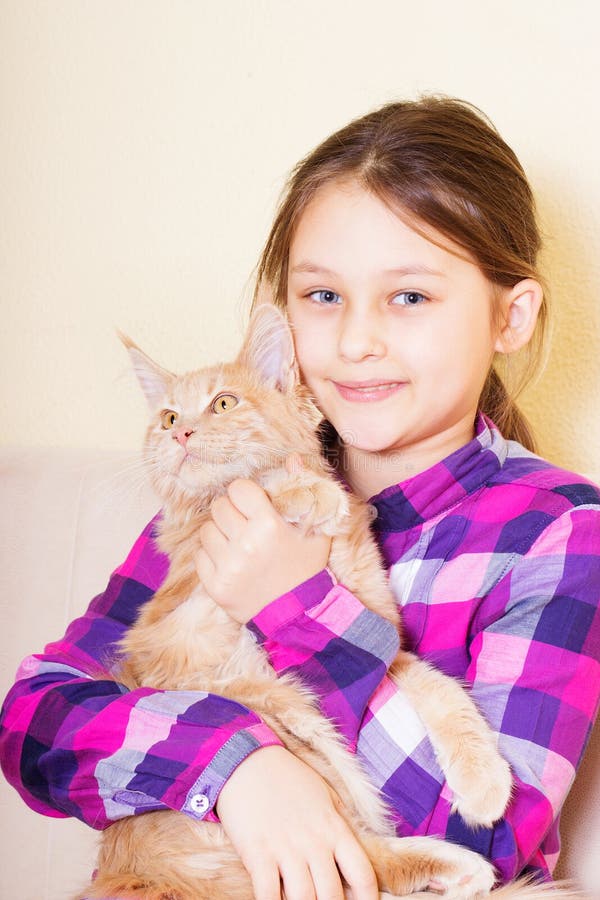 Girl and cat stock image. Image of indoors, emotion, ginger - 52096031