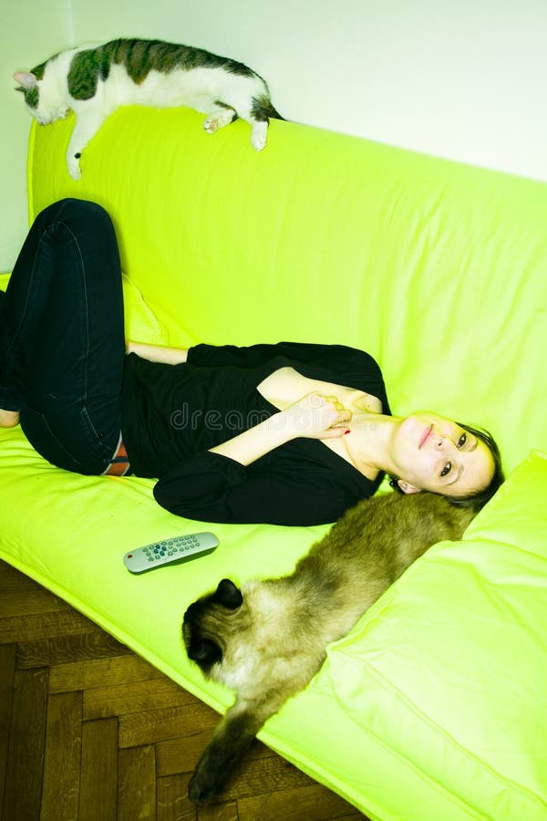 Girl with cats stock photo. Image of laziness, kitten - 4881184