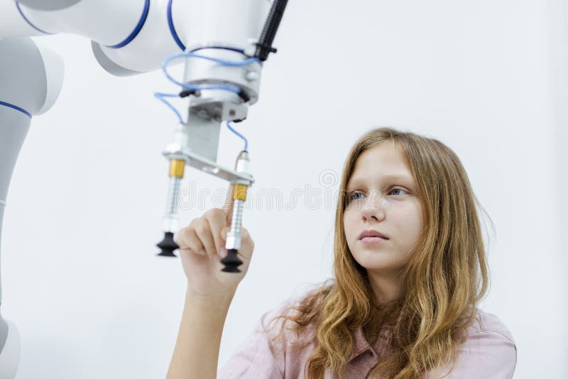 Girl Caucasian Education Electronic Robotic Arm on Table at Class Room ...