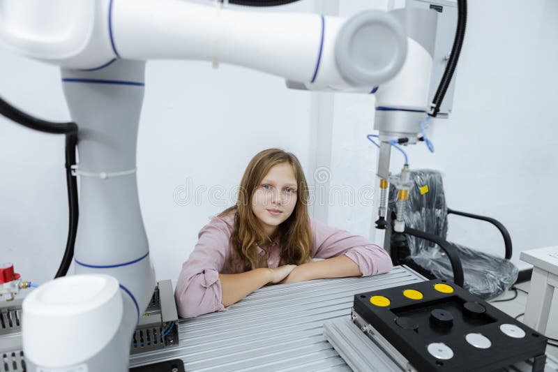 Girl Caucasoid Education Electronic Robotic Arm on Table at Class Room ...