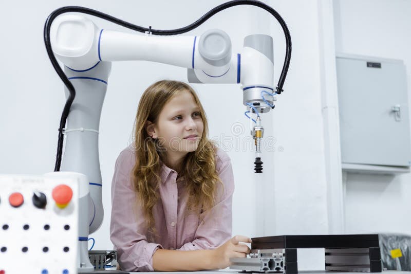 Girl Caucasoid Education Electronic Robotic Arm on Table at Class Room ...