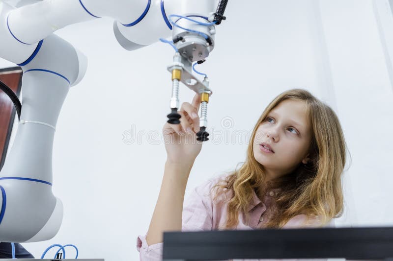 Girl Caucasoid Education Electronic Robotic Arm on Table at Class Room ...