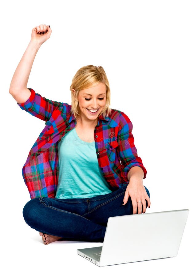 Girl Celebrating Success with Laptop Stock Photo - Image of isolated ...