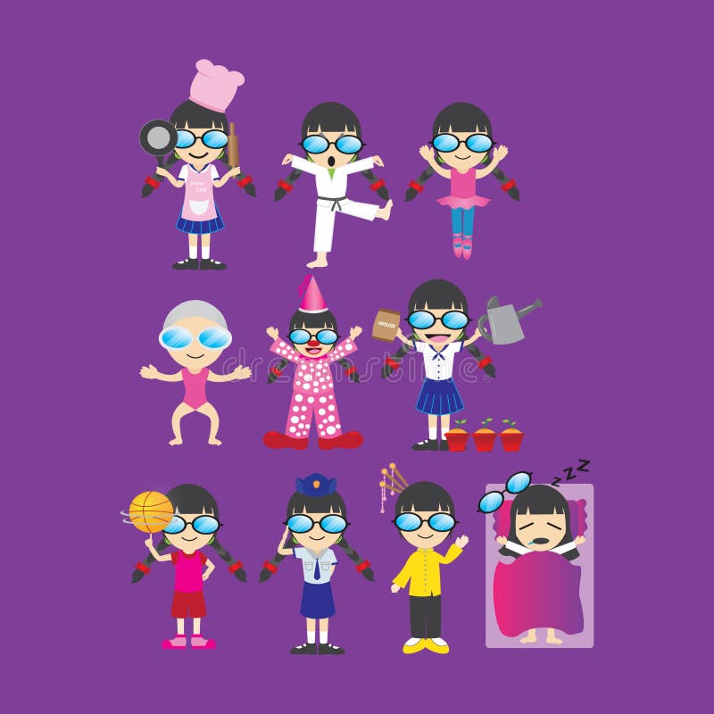 Girl Character with Different Actions. Vector Illustration Decorative ...