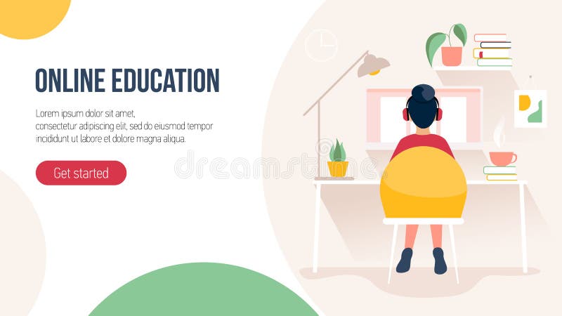 Girl Character Study at Computer. Online Education Concept Stock Vector ...
