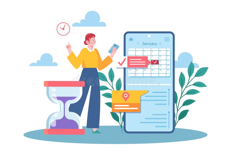 Girl Checking Her Meeting Schedule on a Mobile App Stock Vector ...