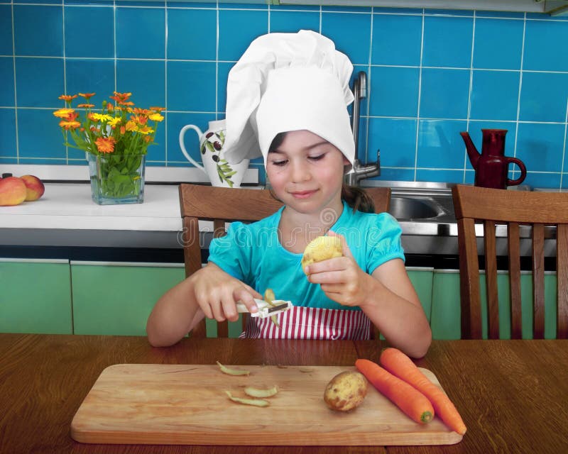 Girl in Chef Hat Peels Potatoes Stock Image - Image of cook, cooking ...