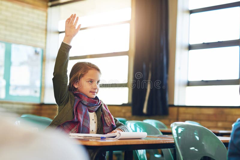 Girl, Child and Hand Raised in Classroom for Education, Question or ...