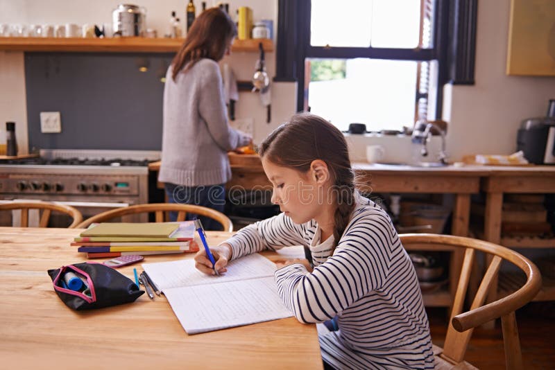 Girl, Child and Homework with Writing in Kitchen for Studying ...