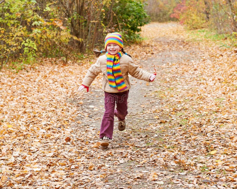 Girl Child Run in Autumn Forest Stock Image - Image of footpath, casual ...