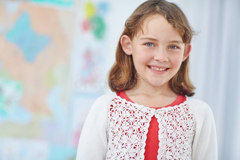 Girl, Child and Smile with Portrait in Classroom for Geography ...