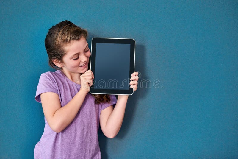 Girl, Child and Tablet Screen in Studio with Mockup Space for ...