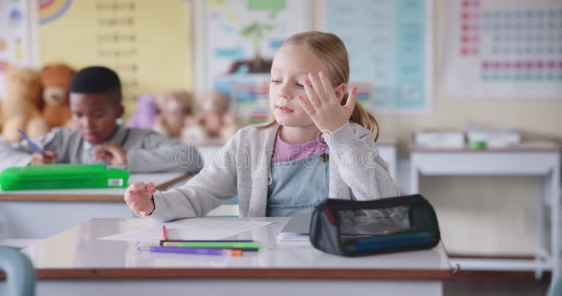 Girl, Child and Writing in Classroom for Counting, Problem Solving or ...