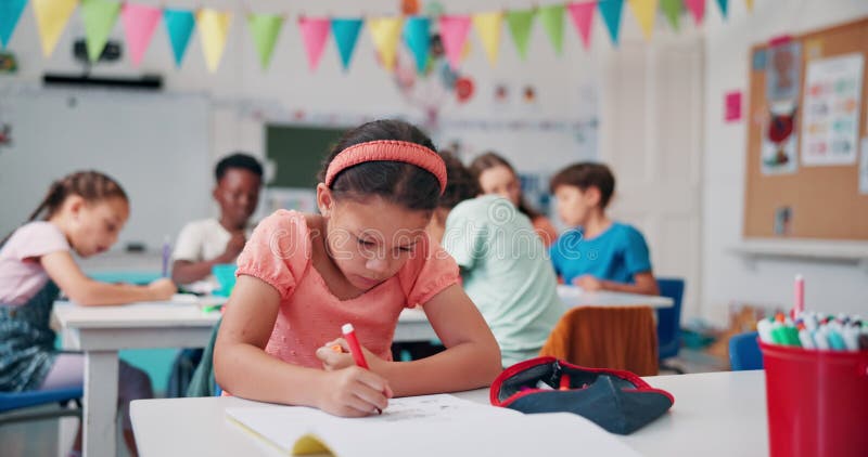 Girl, Child and Writing Notes in Classroom with Books, Study or Test ...