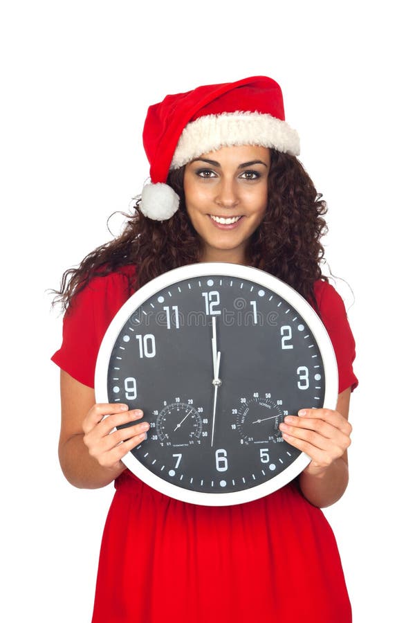 Girl in Christmas with a Clock with Twelve O Clock Stock Photo - Image ...