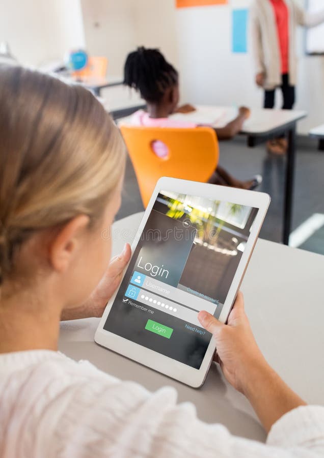 Girl in Class with Tablet, Login Screen Stock Illustration ...