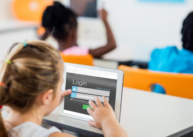 Girl in Class with Tablet. Screen with Login Stock Image - Image of ...