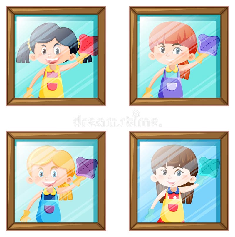 Girl Cleaning Mirror Window Stock Vector - Illustration of person ...