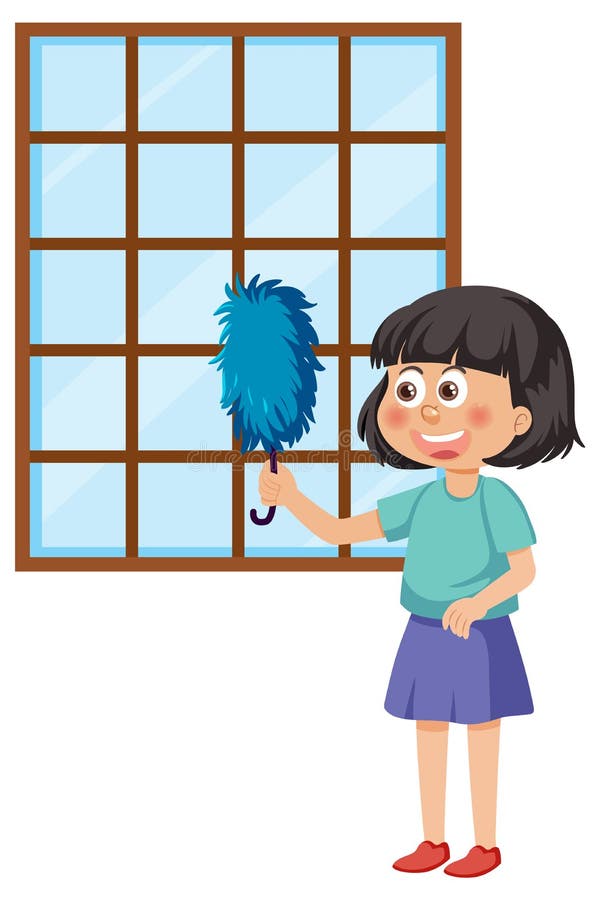 A Girl Cleaning Window with Feather Duster Stock Vector - Illustration ...