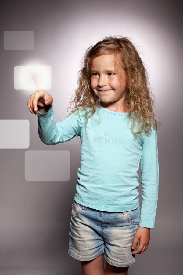 Girl Clicks on the Display Screen Stock Photo - Image of display ...