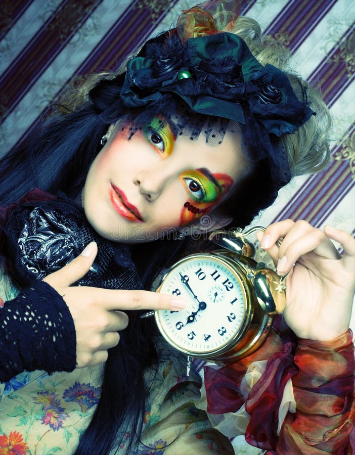 Girl with clock. stock image. Image of hand, metal, face - 40049995