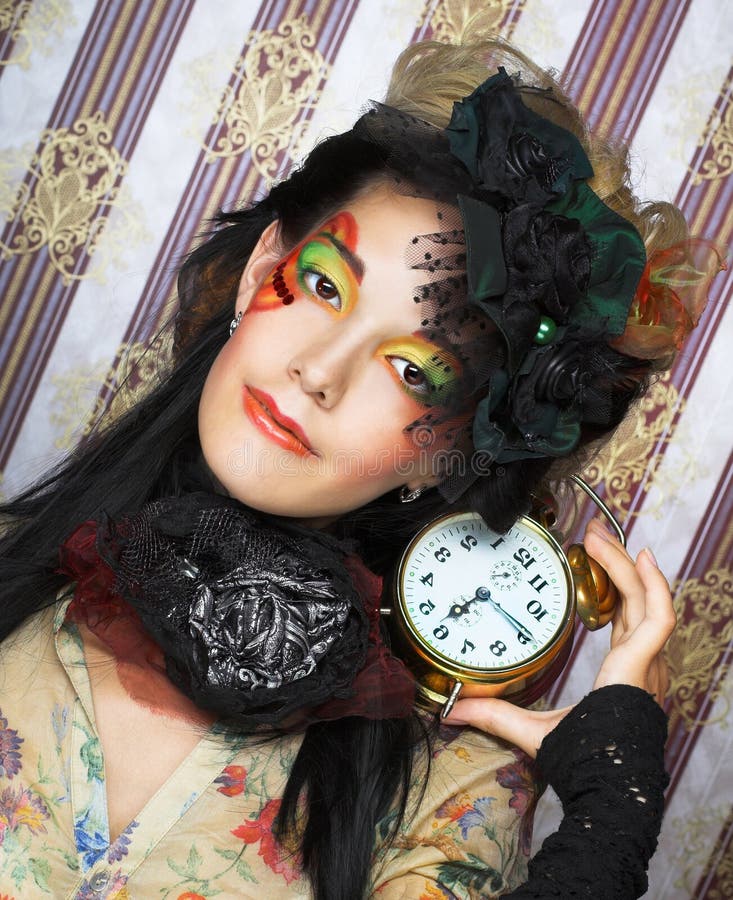 Girl with clock. stock photo. Image of alarm, portrait - 40371886