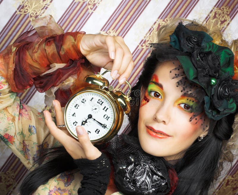 Girl with clock. stock photo. Image of brunet, happy - 40371892