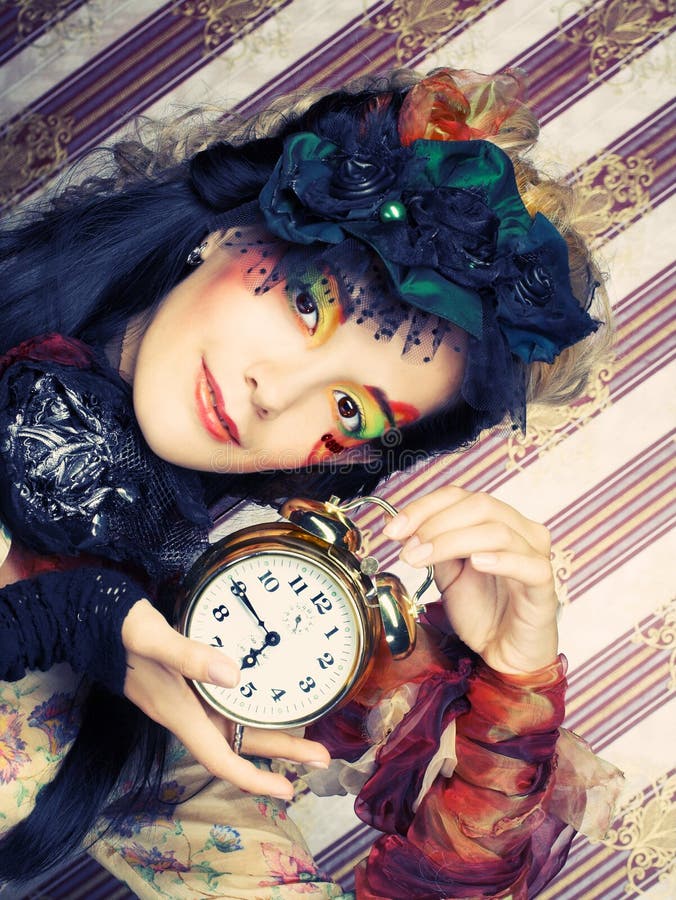 Girl with clock. stock photo. Image of brunet, happy - 40371892