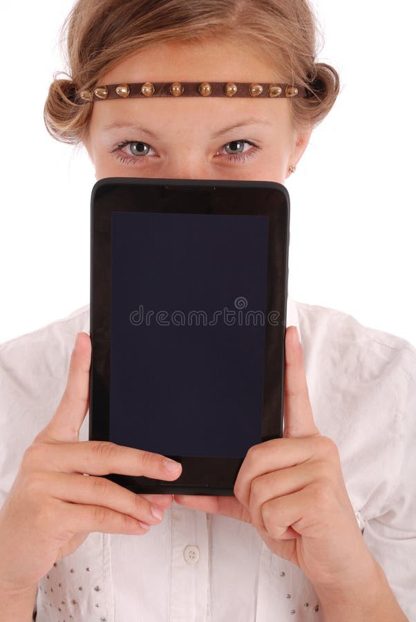 Girl Closes the Half Face Tablet Pc Stock Image - Image of person ...