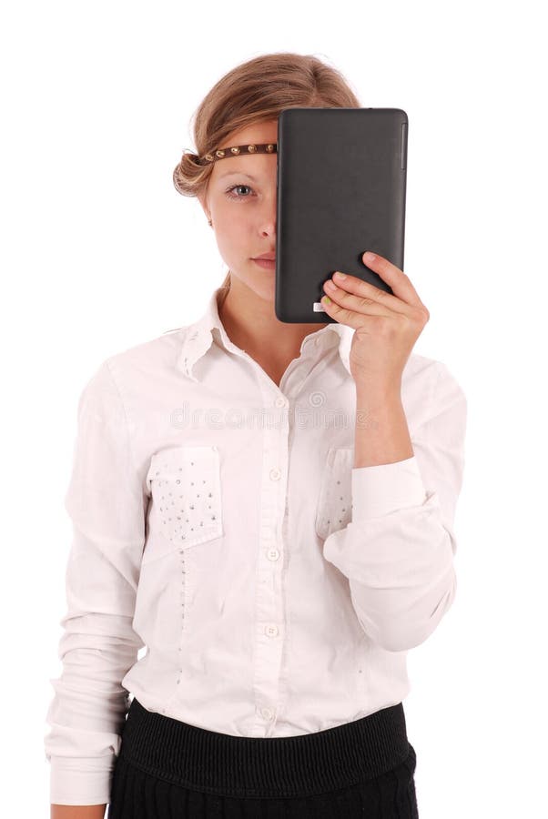 Girl Closes Half Tablet Pc Face Stock Image - Image of hand, looking ...