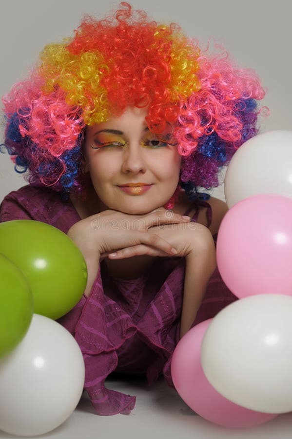 Girl in Clown Wig with Balloons Stock Image - Image of birthday ...