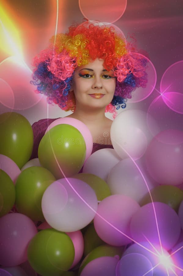 Girl in Clown Wig with Balloons Stock Image - Image of carnival, clown ...