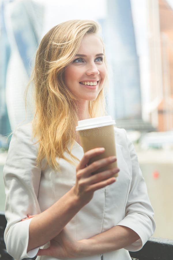 Girl with coffee to go stock image. Image of outdoor - 73391811
