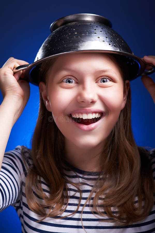 Girl with a Colander on Her Head Stock Image - Image of cute, joke ...