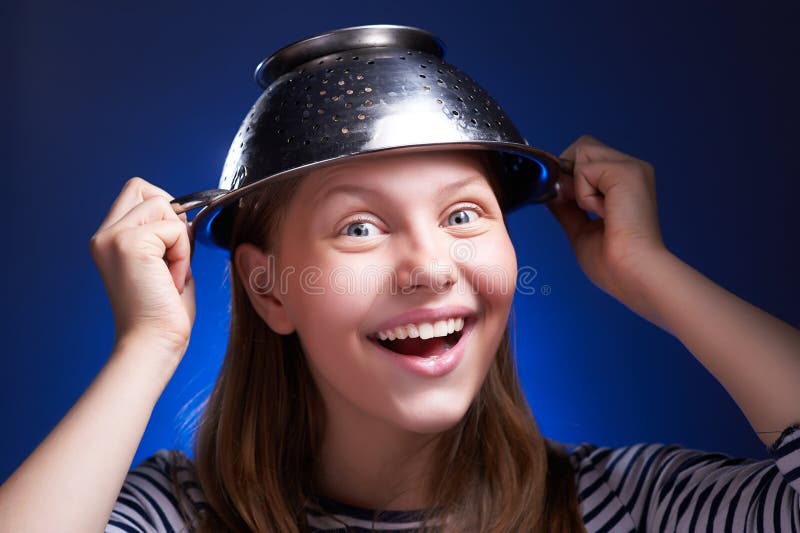 Girl with a Colander on Her Head Stock Photo - Image of fashion ...