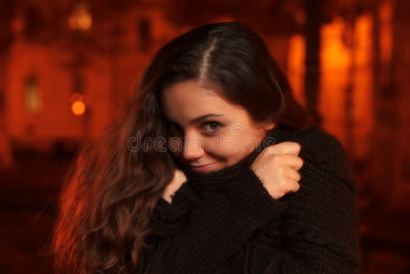Girl in cold autumn night stock photo. Image of fashion - 16877950