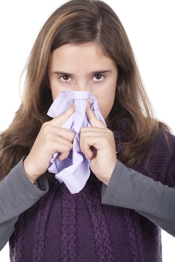 Girl with a Cold Blowing Nose Stock Image - Image of sneeze, brunette ...