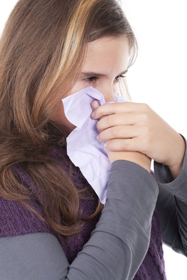 Girl with a Cold Blowing Nose Stock Image - Image of allergy, hands ...