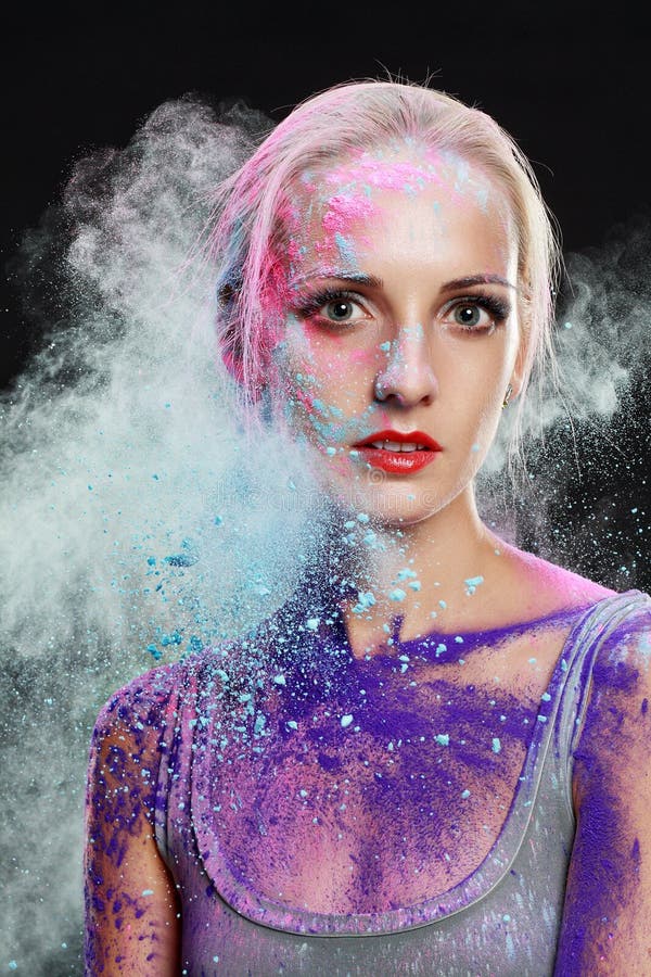 Portrait of Adult Girl with Neon Powder on Face Stock Photo - Image of ...