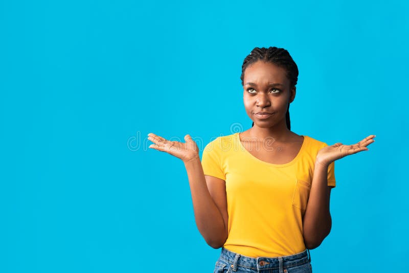 Girl Comparing Two Invisible Objects on Hands Over Blue Background ...