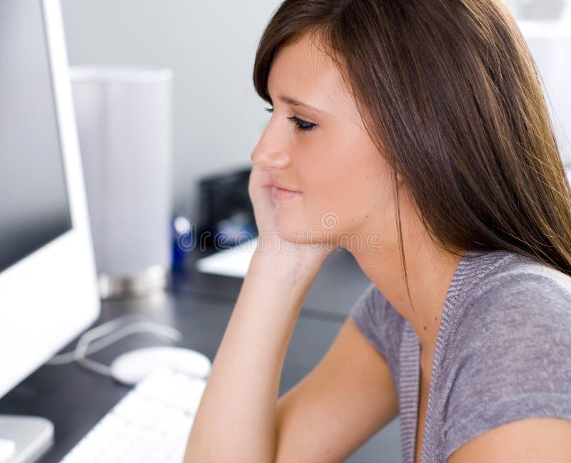 Young Girl at Computer Over White Stock Photo - Image of schoolwork ...