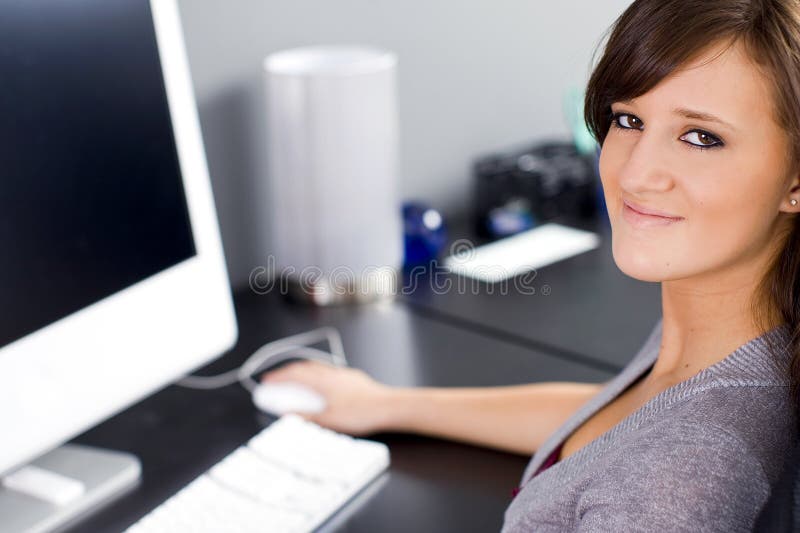 Girl on computer stock photo. Image of happy, adult, home - 10986274